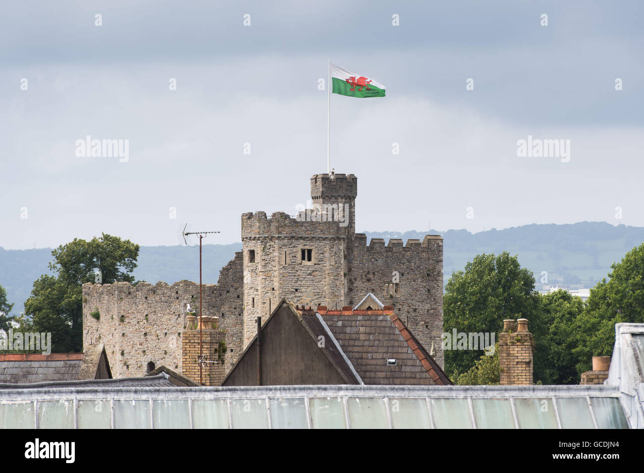The keep of Cardiff Castle, seen across the city's rooftops Stock Photo ...