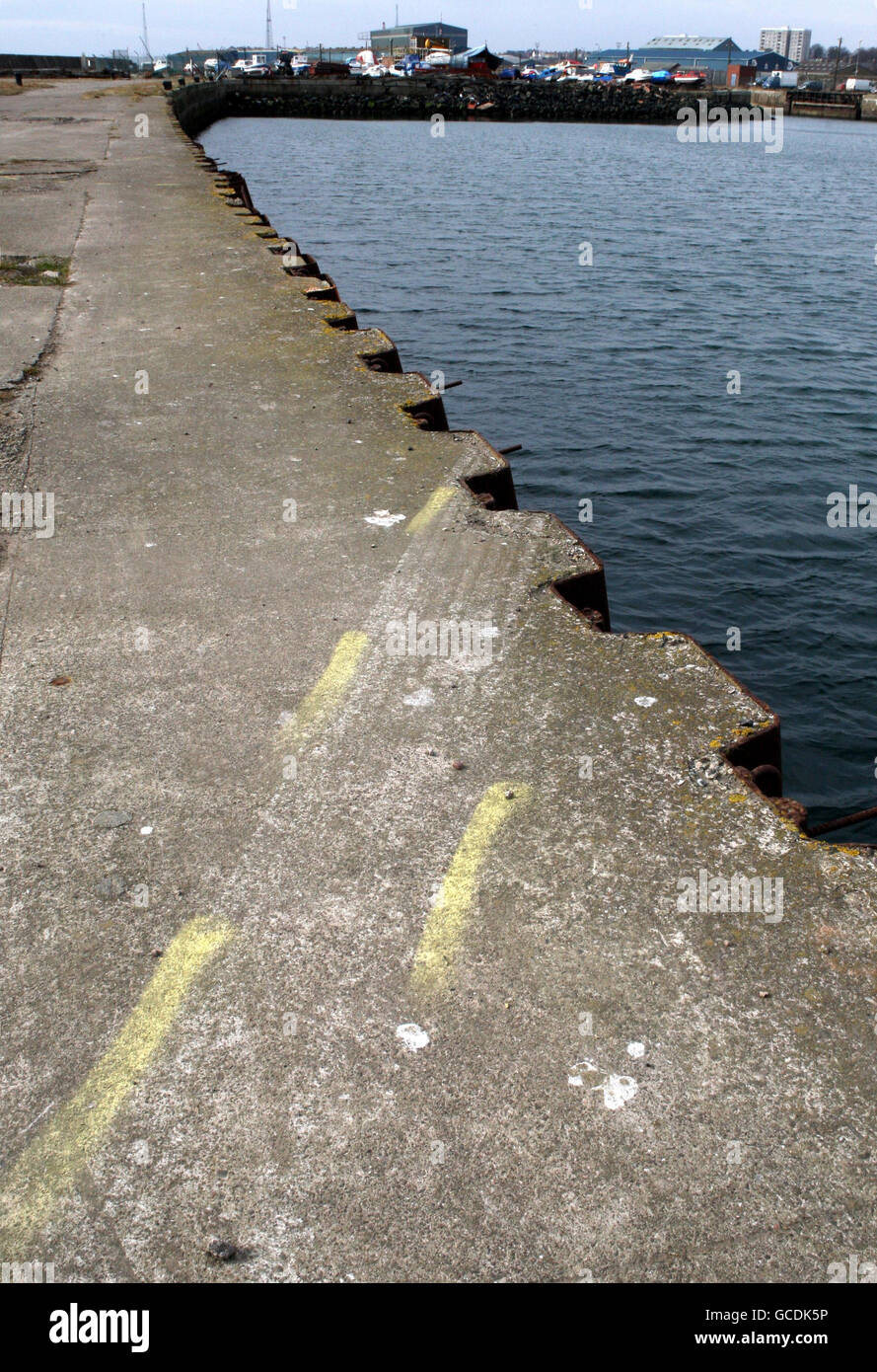 Yellow markings on the dockside of Methil Docks in Fife appear to ...