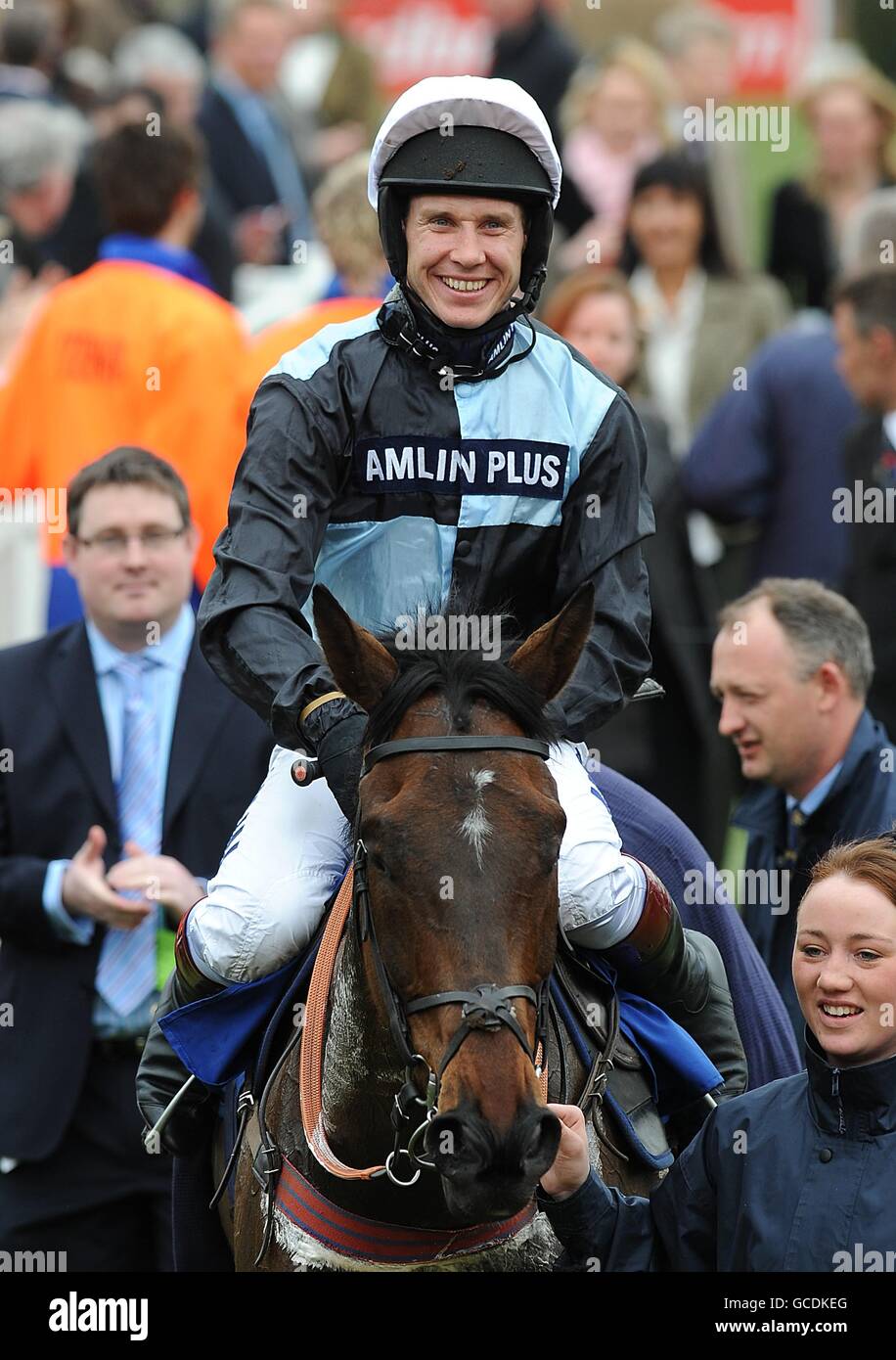 Jockey Richard Johnson celebrates winning the Jewson Novices' Handicap ...