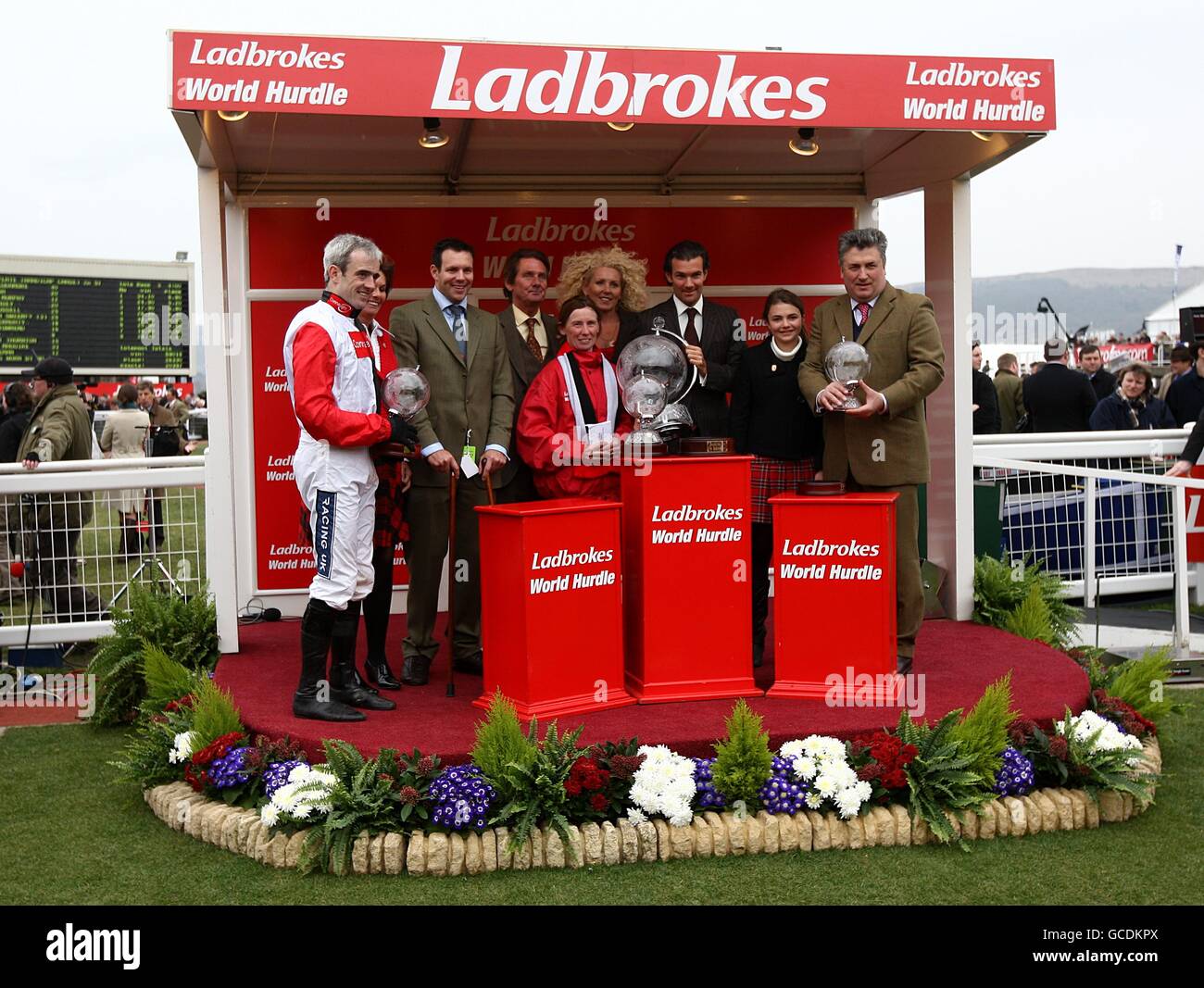 Ruby Walsh (left) with Trainer Paul Nicholls (right) and the Stewart ...