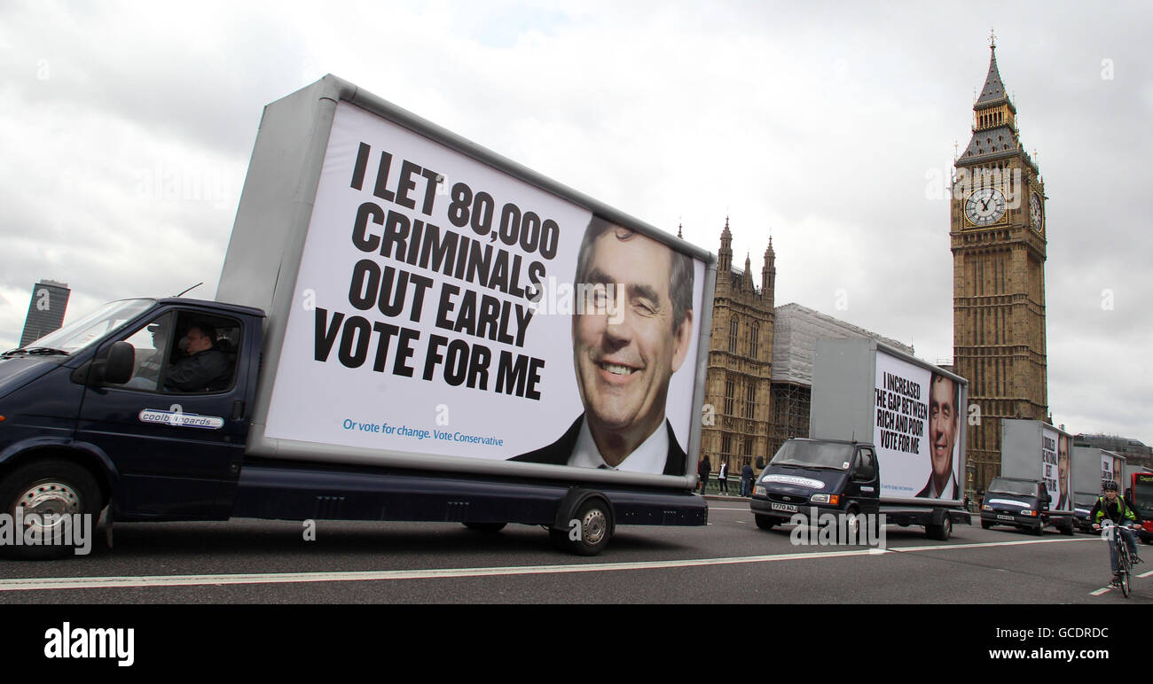 The Conservative Party display their new poster campaign by driving ...