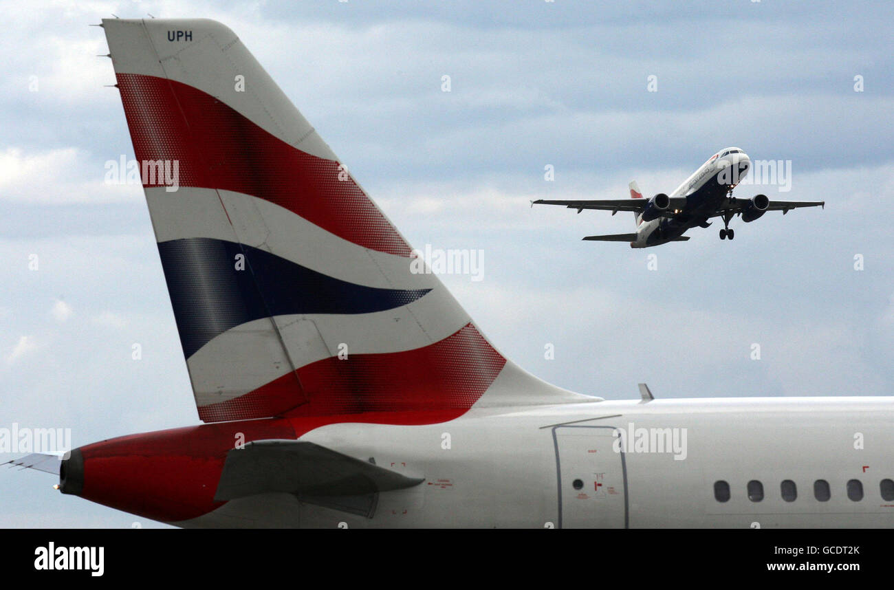 A British Airways plane takes off from Heathrow Airport, flying over ...