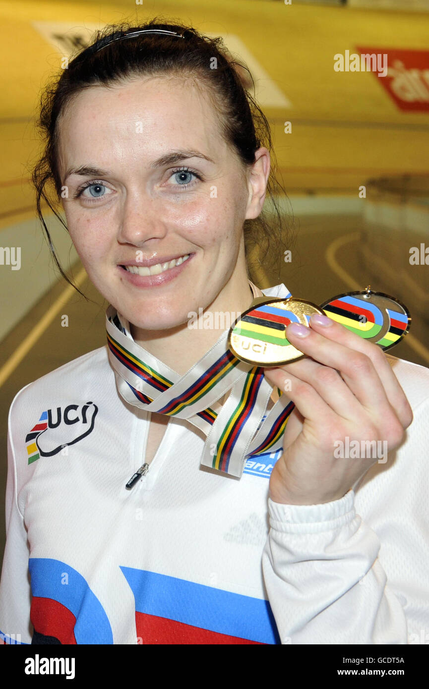 Great Britain's Victoria Pendleton poses with her medals at the end of ...