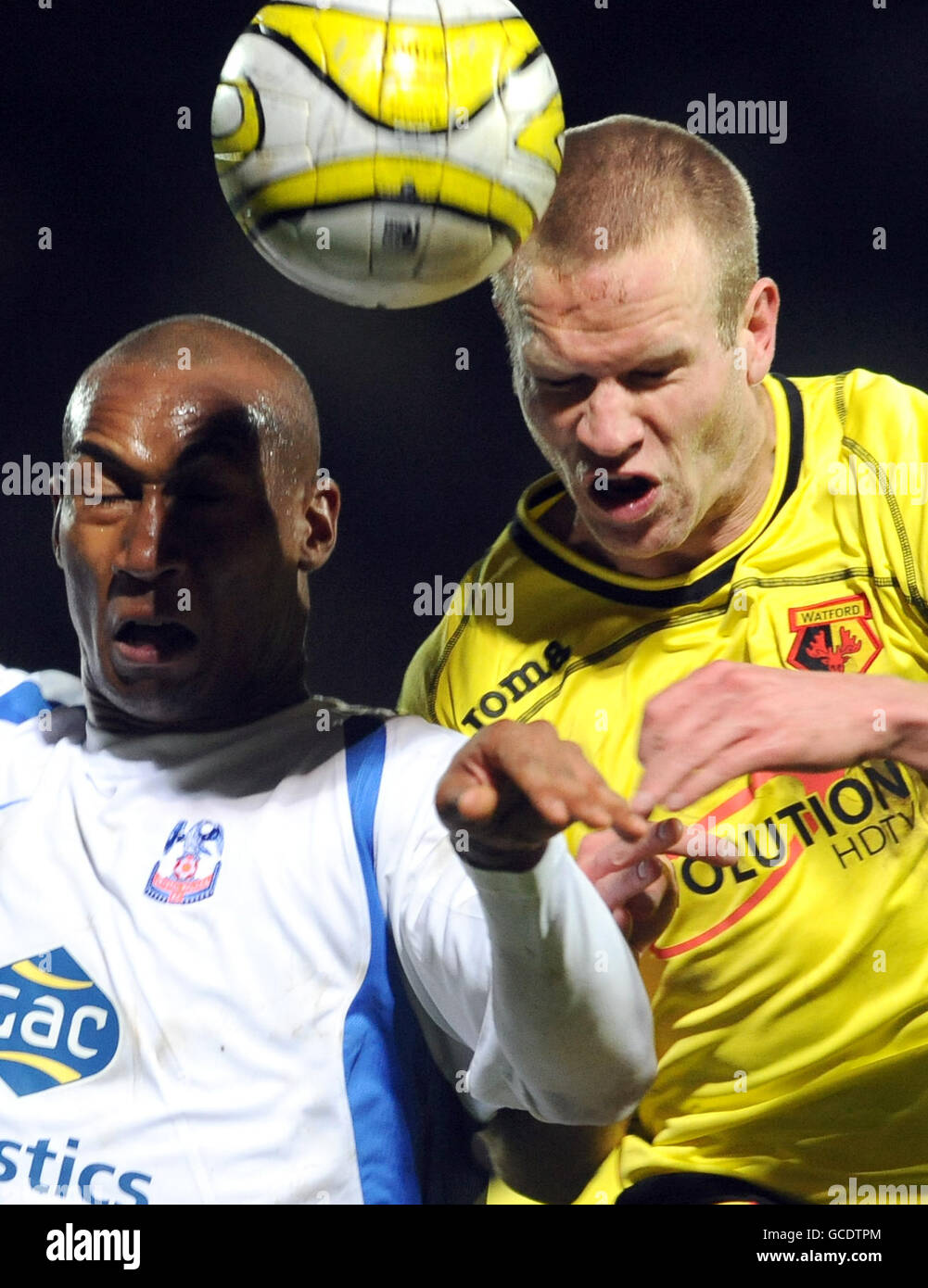 Crystal Palace's Calvin Andrew and Watford's Jay DeMerit compete for a ...