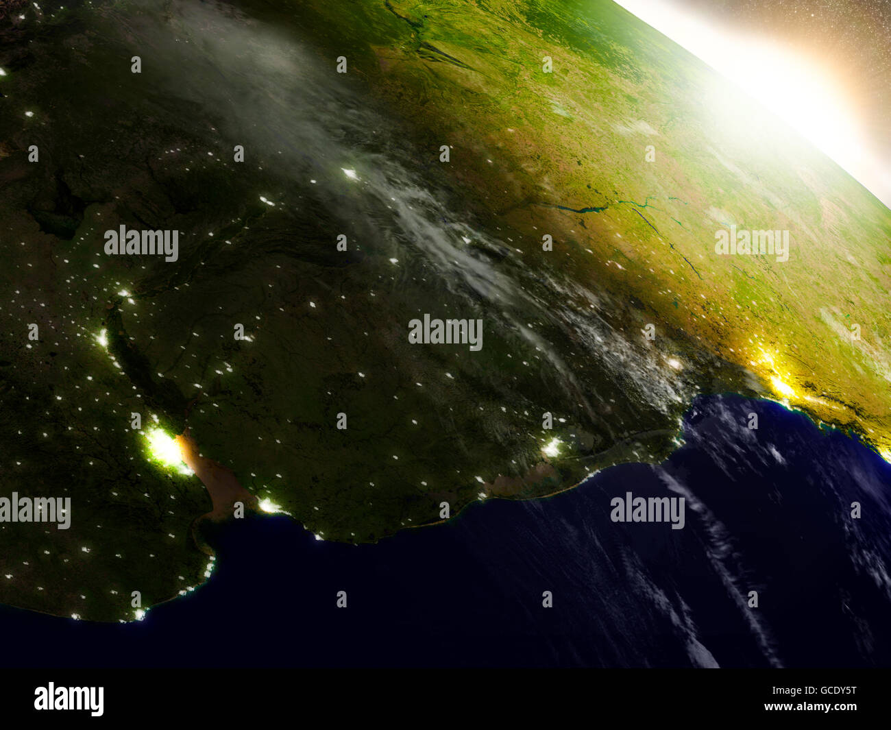 Uruguay region from Earth's orbit in space during sunrise. 3D ...