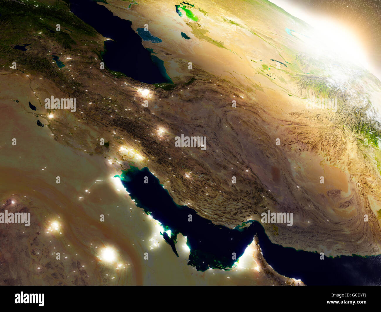 Iran region from Earth's orbit in space during sunrise. 3D illustration ...