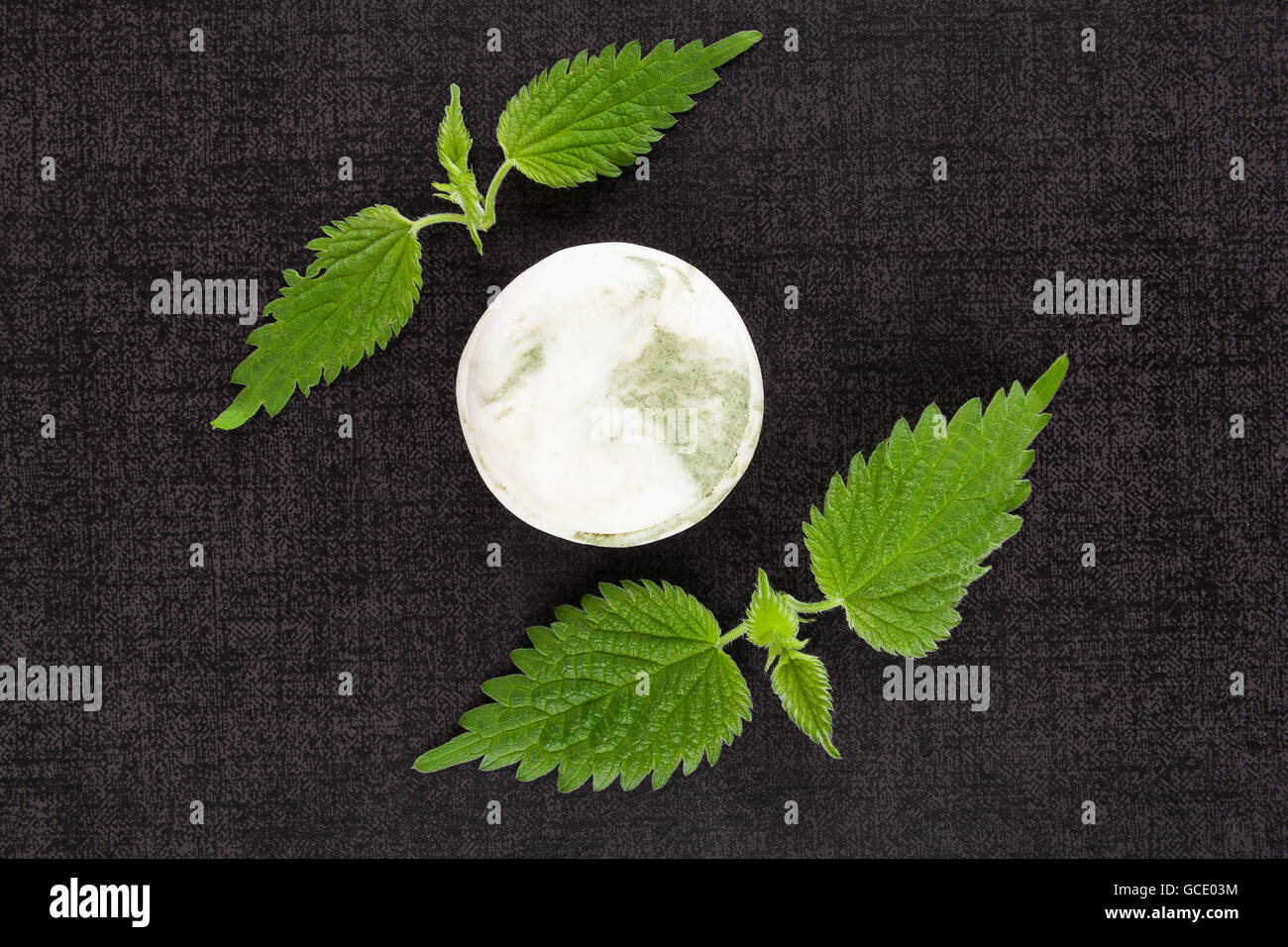 Stinging nettle cosmetics. Fresh nettle leaves and organic hard soap ...