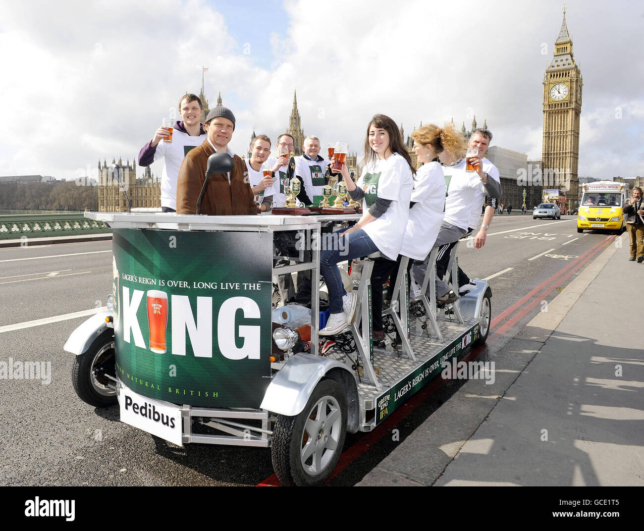 A mobile pub, powered by cyclists, on Westminster Bridge, London, To ...