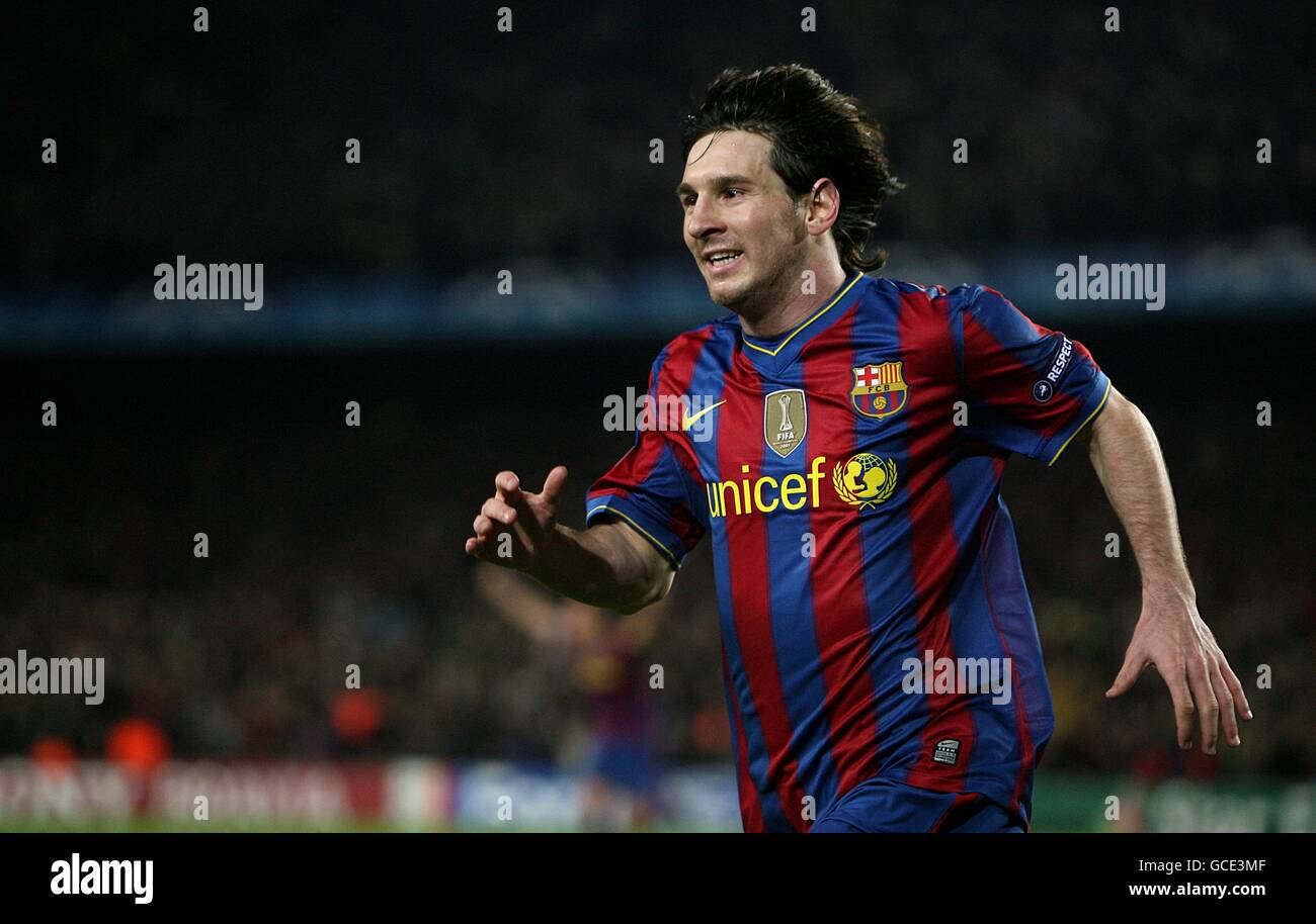 Barcelona Lionel Messi runs away to celebrate scoring his and his sides ...