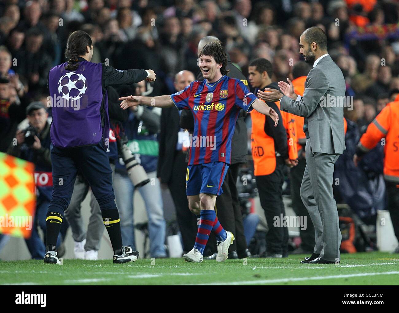 Barcelona's Lionel Messi (centre) celebrates scoring his fourth goal of ...