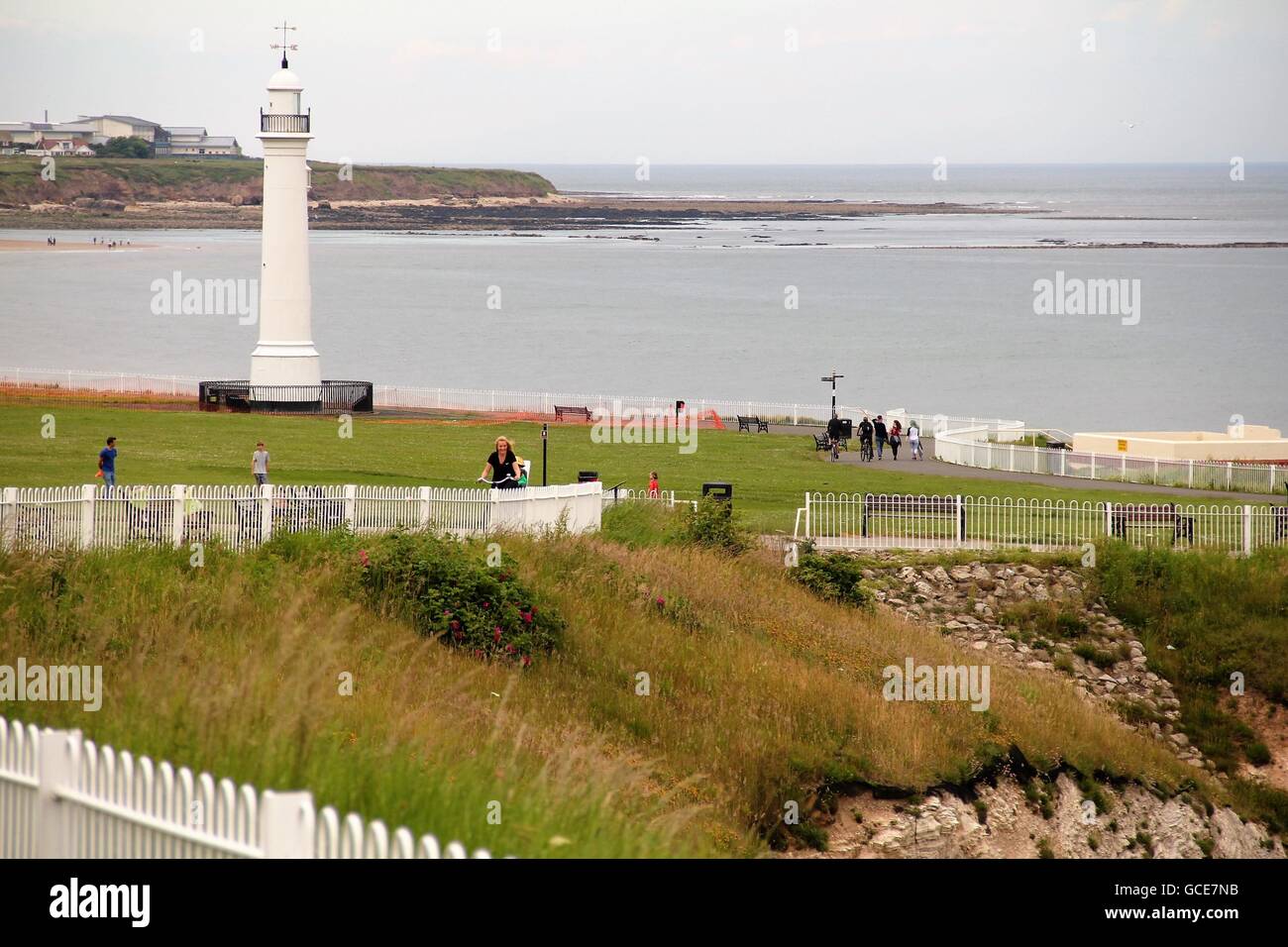 View of the white lighthouse in Seaburn, with white railings in the ...