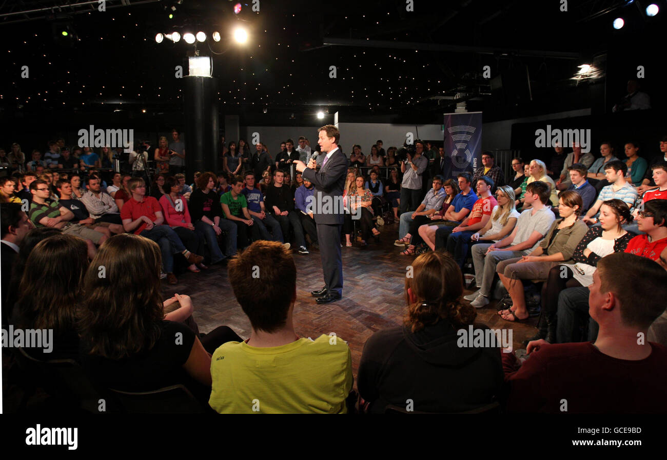 Nick Clegg, Leader of the Liberal Democrats, speaks to students at ...