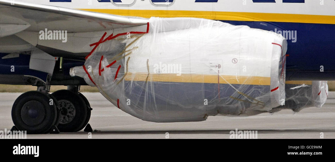Ryanair Jets with their engines covered at Dublin Airport which remains ...