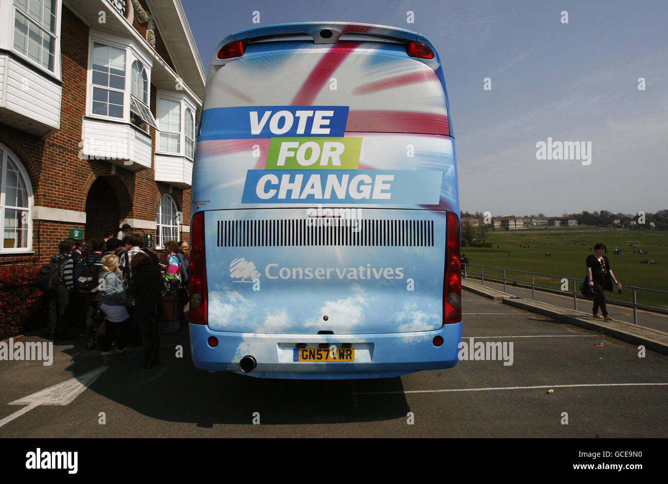 The battle-bus that Conservative Party leader David Cameron arrived on ...