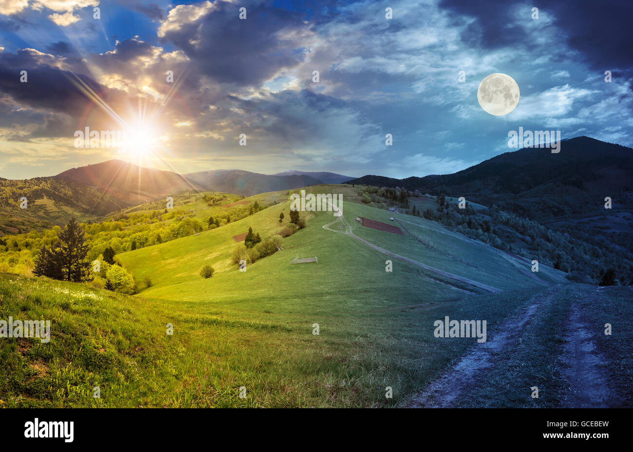 day and night collage landscape. fence near the meadow path on the ...