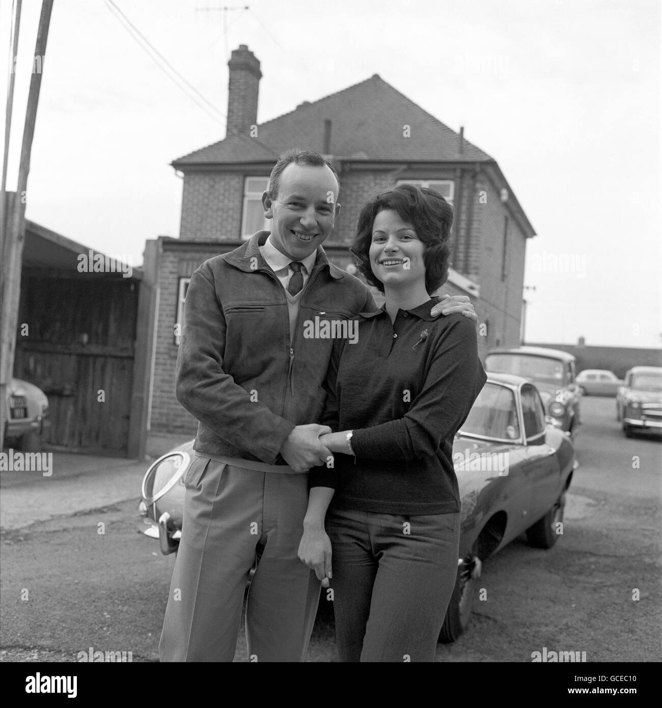 Formula One racing driver John Surtees with his fiance Patricia Burke ...