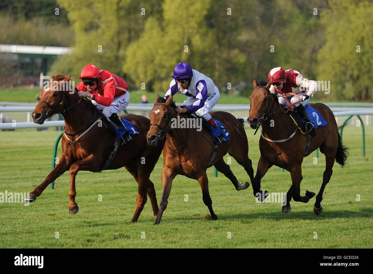 Jockey Ted Duncan on Orientalist (left) leads Darryll Holland on Leiba ...