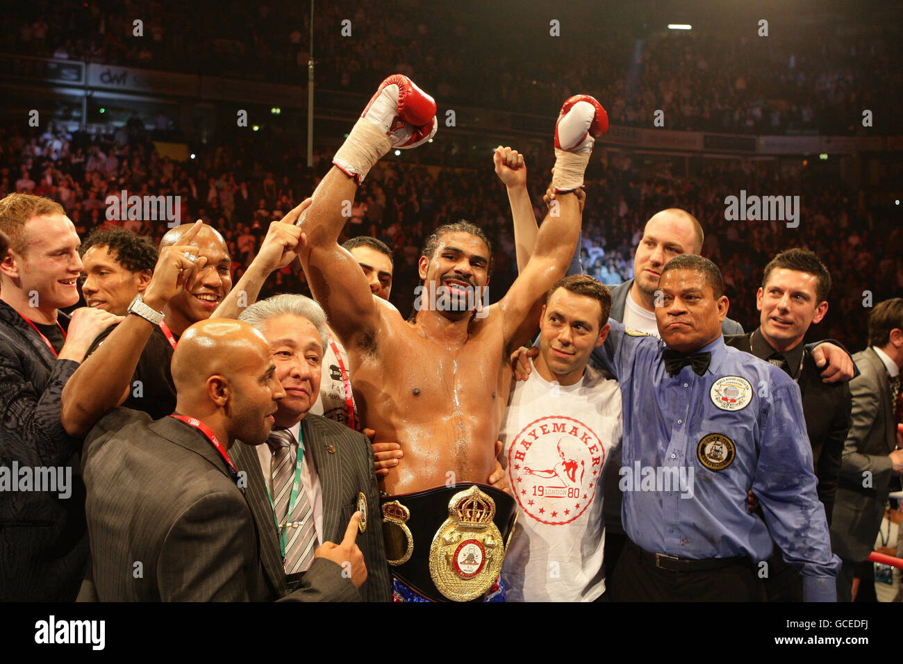 David Haye celebrates his victory over John Ruiz during the WBA World ...