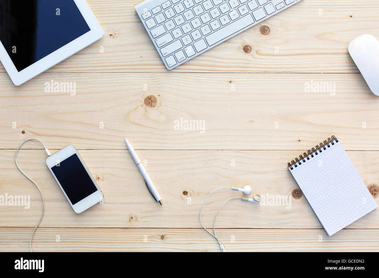 Light wooden Background and modern Business Items on Desk Stock Photo ...