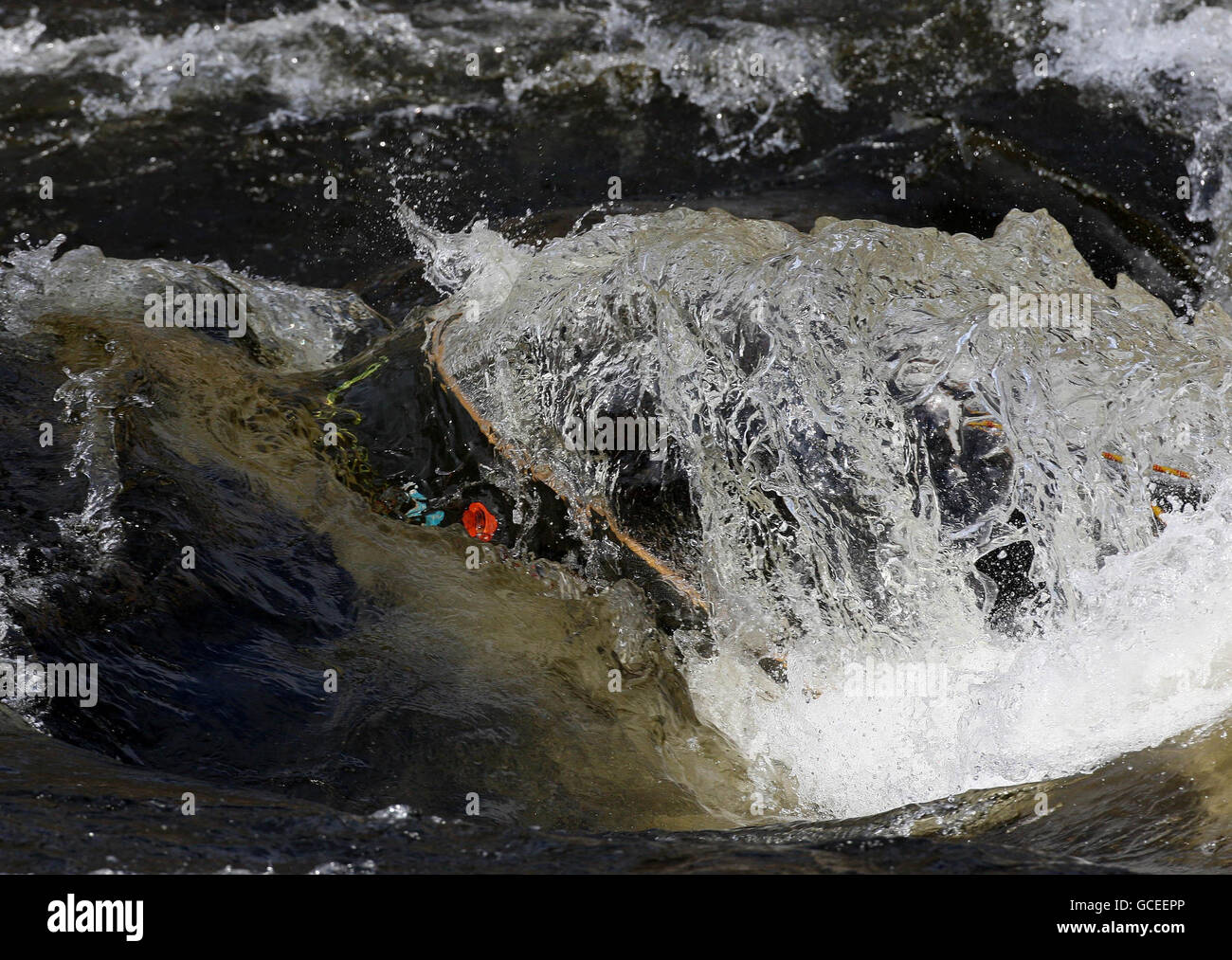 A kayak submerged under water in the River Tay at Grandtully, following ...