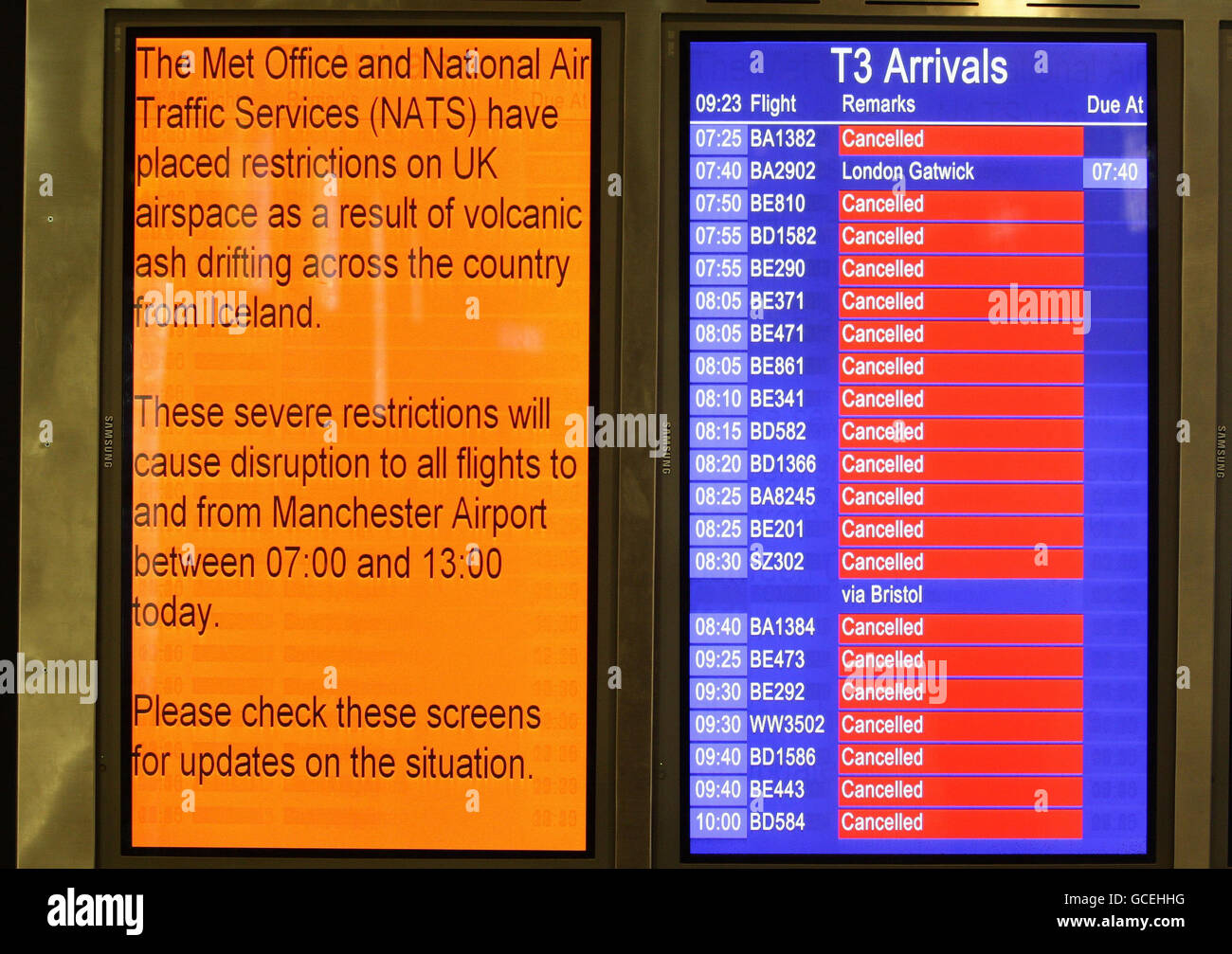 Signs at Manchester Airport, which has caused mass air travel ...