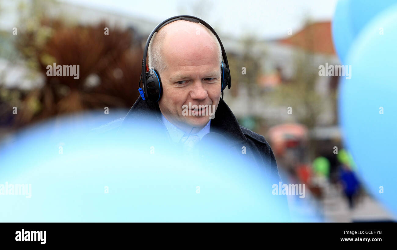 Shadow Foreign Secretary William Hague gives a radio interview during a ...