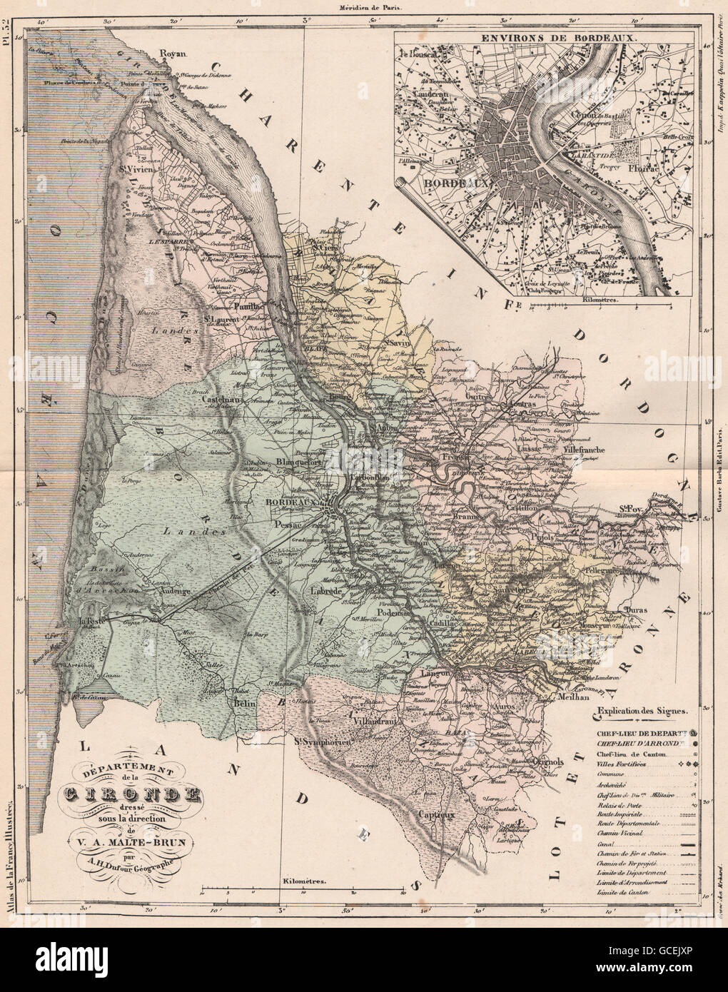 GIRONDE. Carte du département. Environs de Bordeaux. MALTE-BRUN, 1852 ...