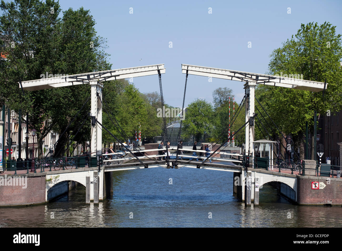 Replica of the Magere Brug bridge over the Amstel river, Amsterdam ...