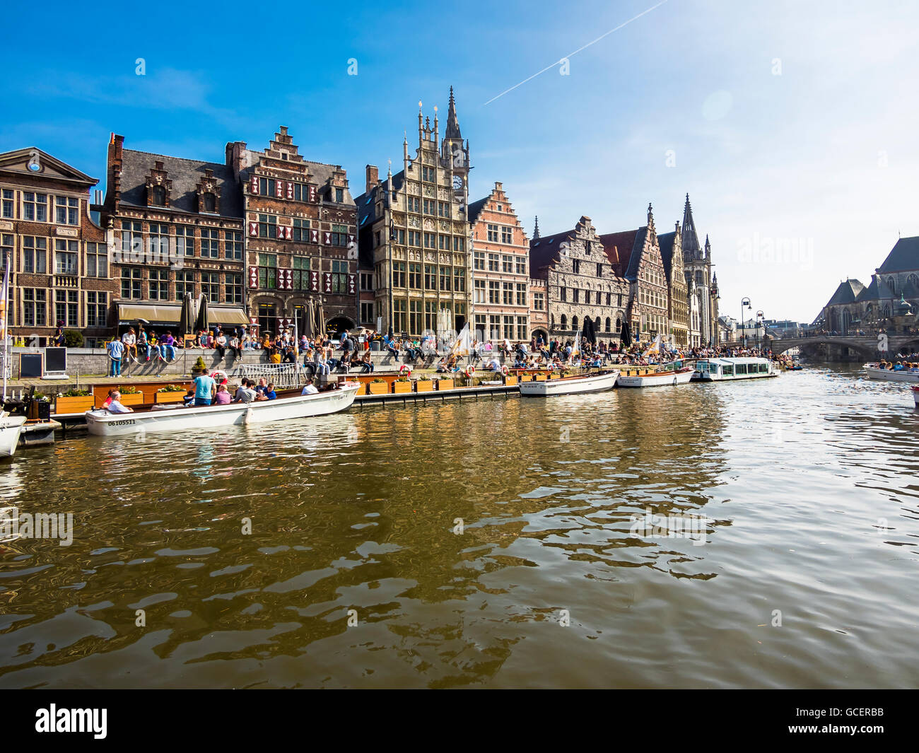 Leie River and promenade on the Graslei, with old guild houses and ...