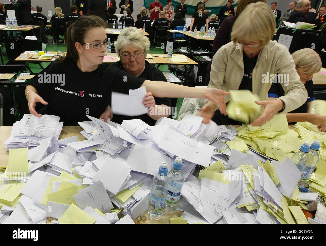Tellers sort papers during counting in the Salford and Eccles ...