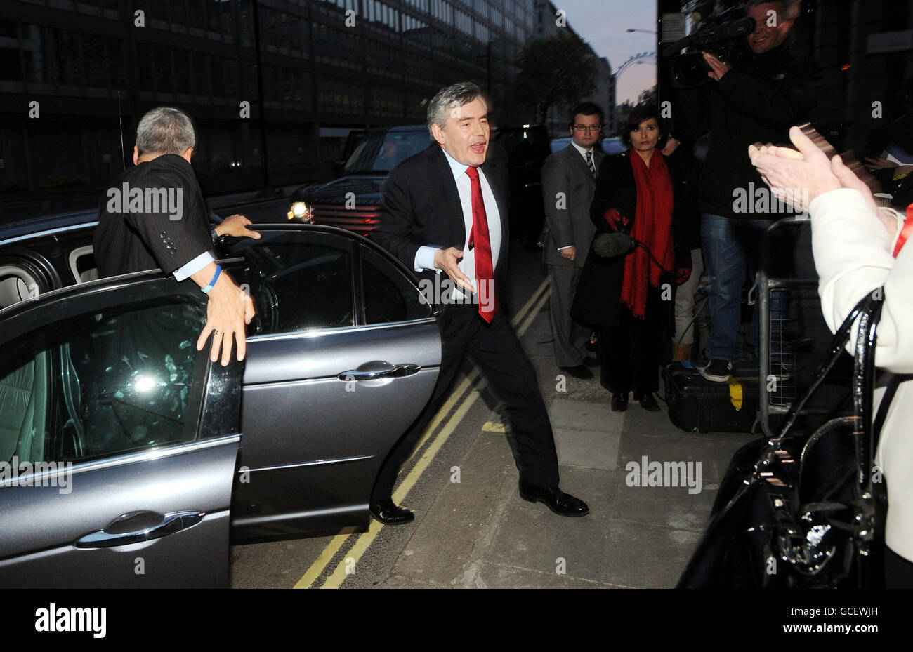 Prime Minister Gordon Brown arrives back at Labour Party HQ in London ...
