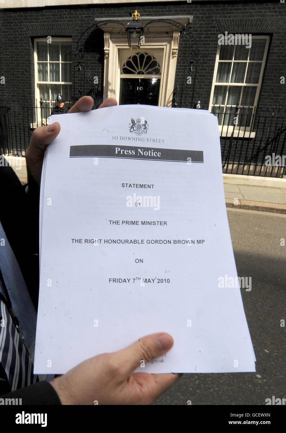 A statement from Prime Minister Gordon Brown is held up in Downing ...