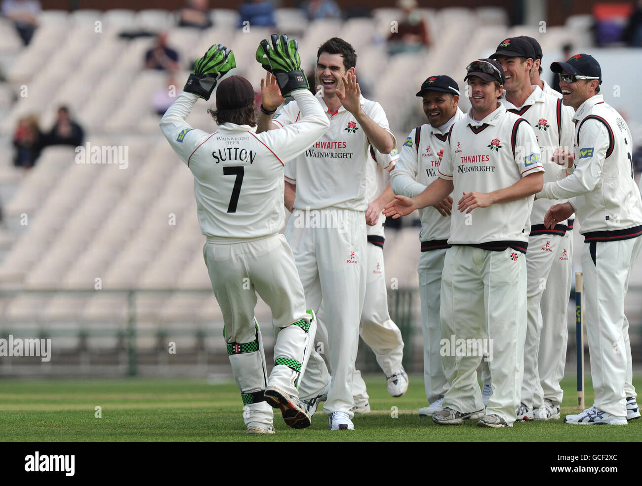 Lancashire's James Anderson celebrates taking the wicket of ...