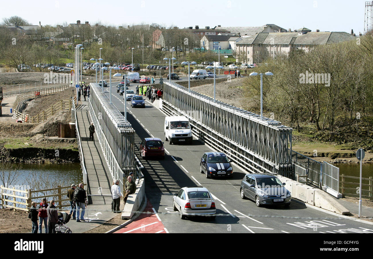Cars begin using the new two way temporary bridge in Workington. The ...