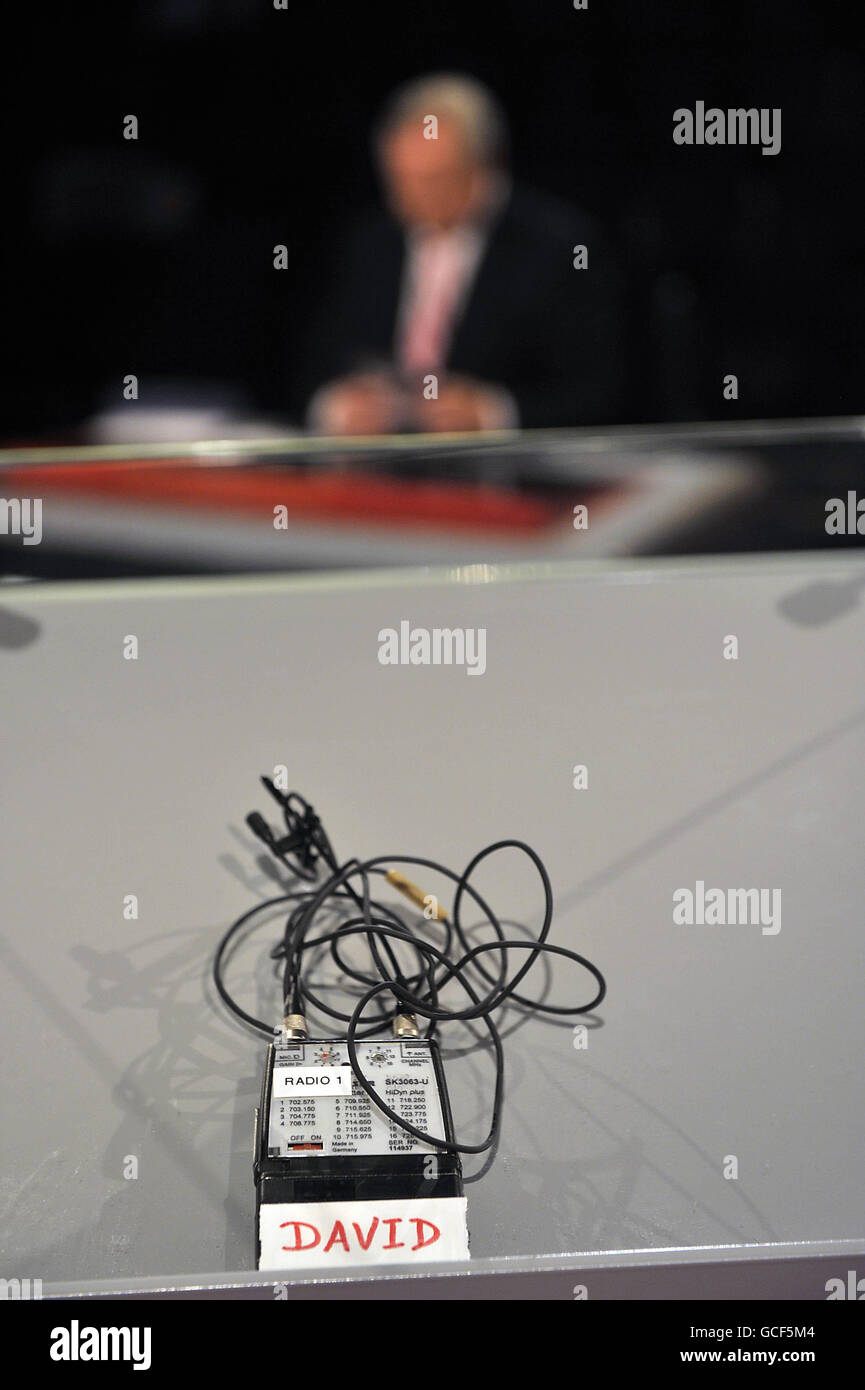 David Cameron's radio mic sits on his podium on the freshly errected ...