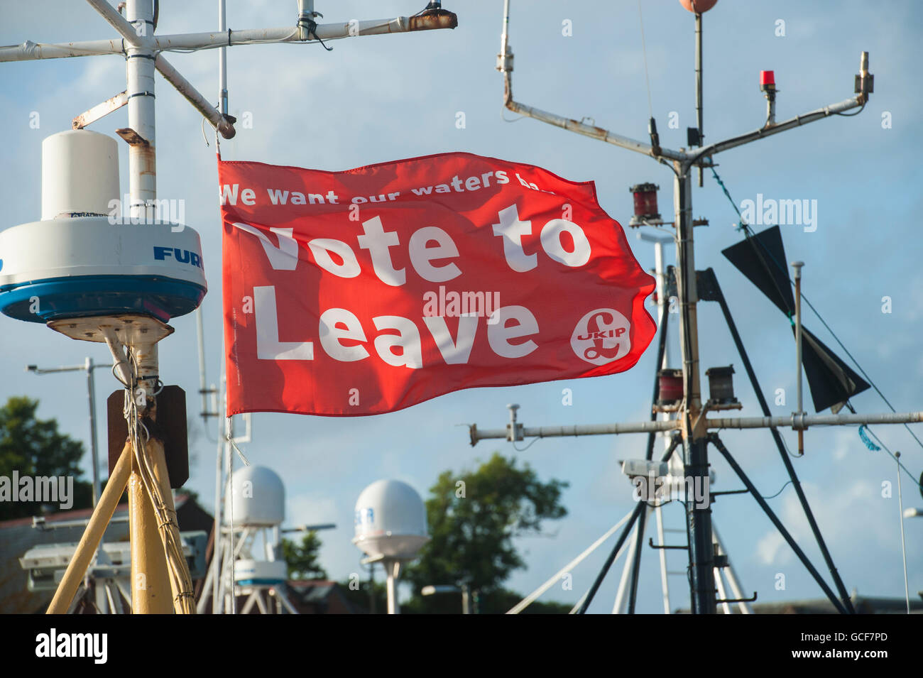 Brexit Leave flags on Cornish fishing boats Stock Photo - Alamy