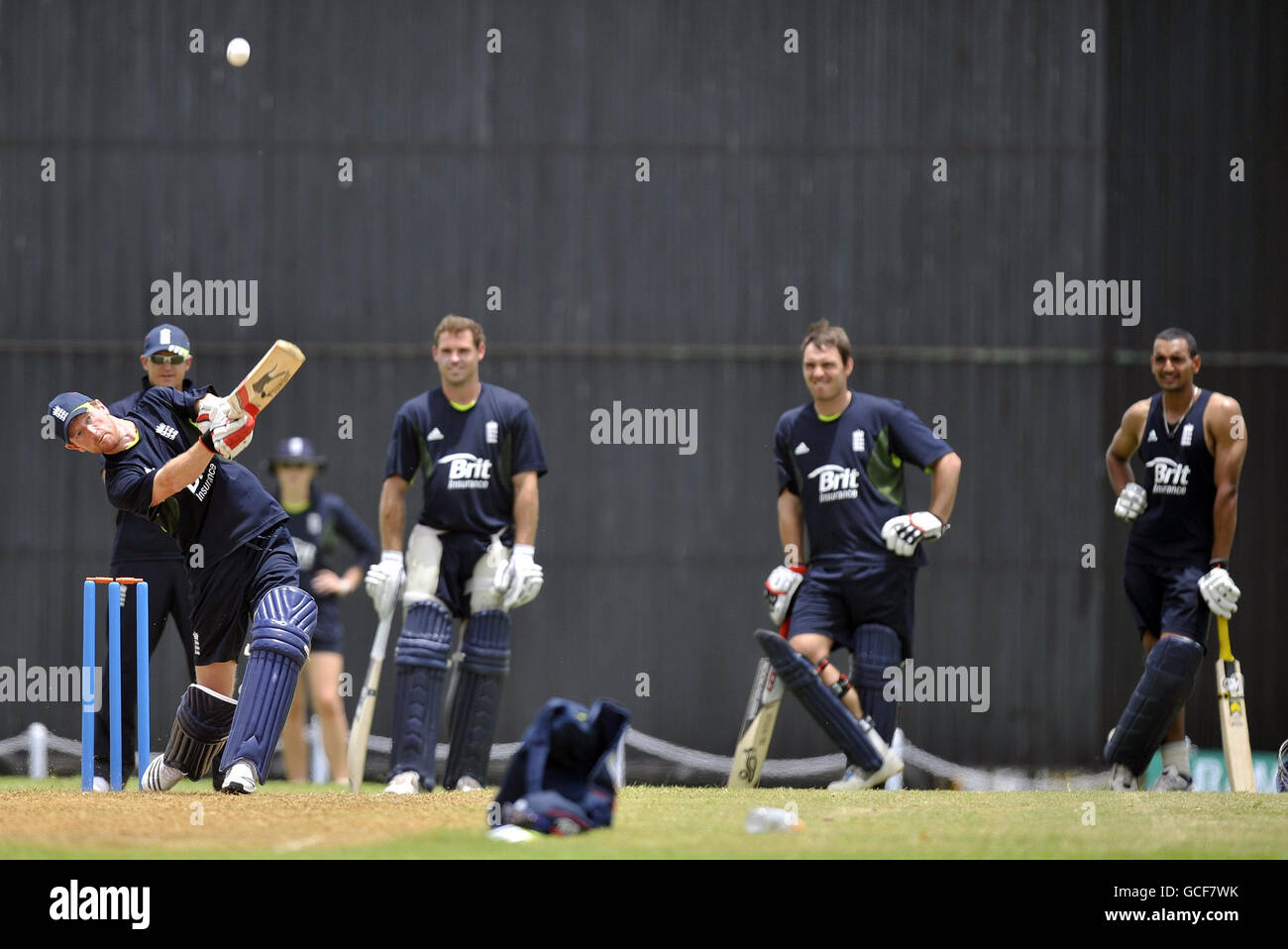 England's Paul Collingwood (left) hits a six during a hitting ...