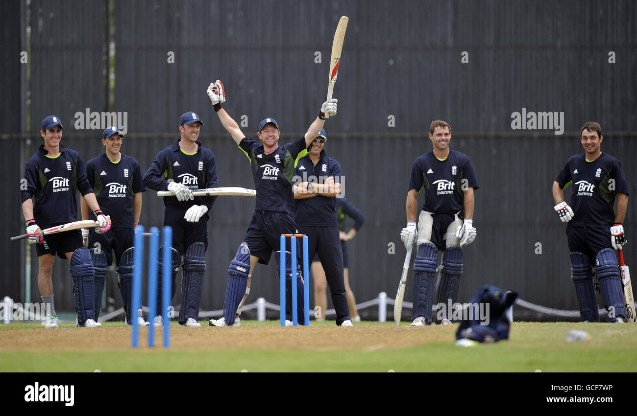 England's Paul Collingwood (centre) successfully hits a six during a ...