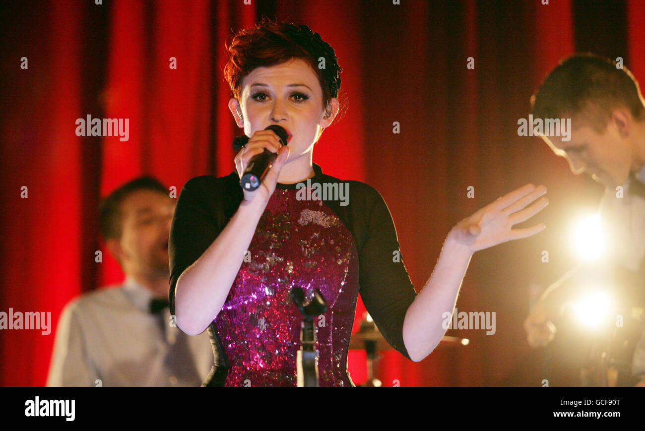 Stine Bramsen of Alphabeat performing on stage during filming of ...