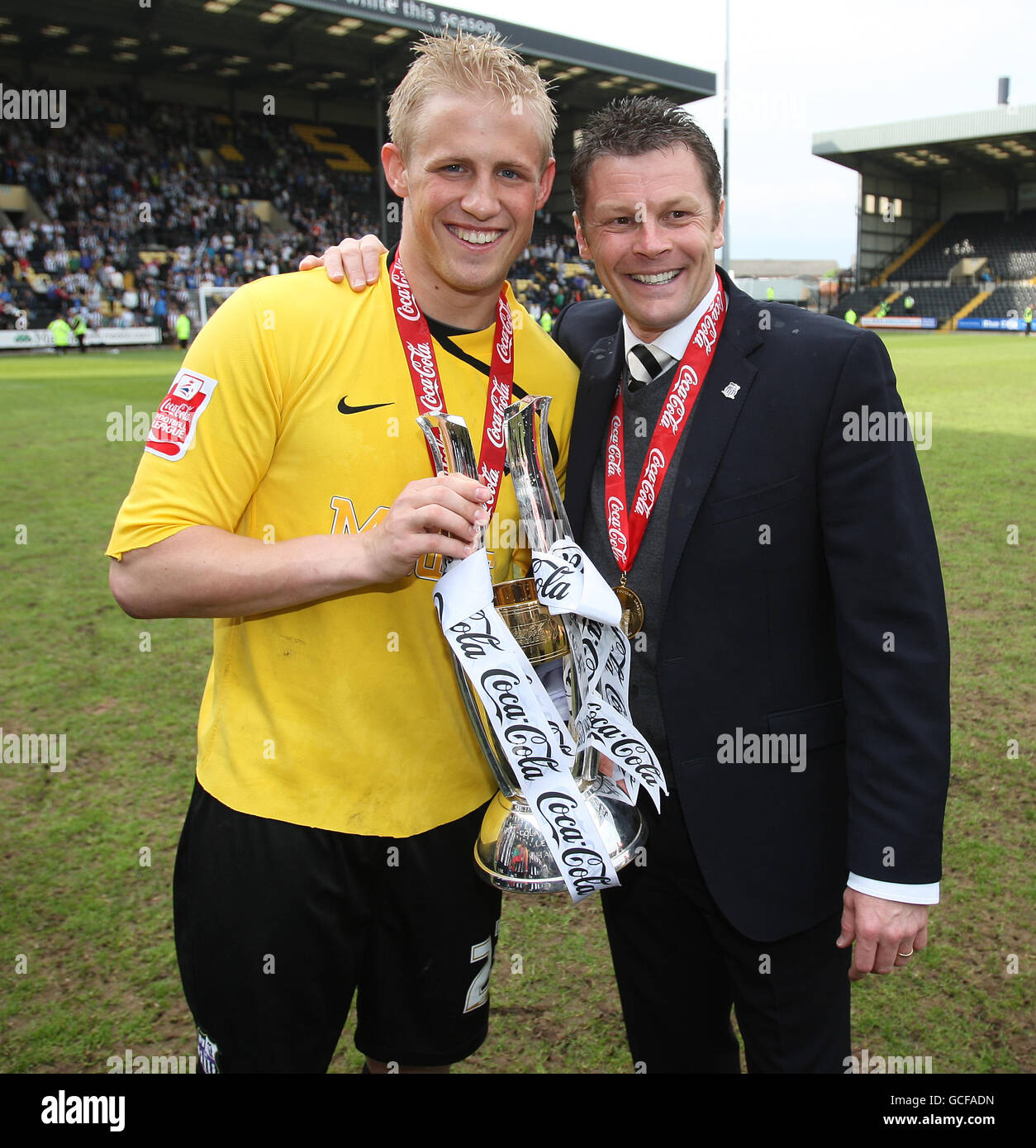 Notts County's manager steve Cotterill (r) and Kasper Schmeichel with ...