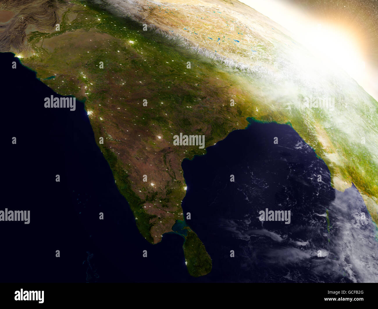 India region from Earth's orbit in space during sunrise. 3D ...
