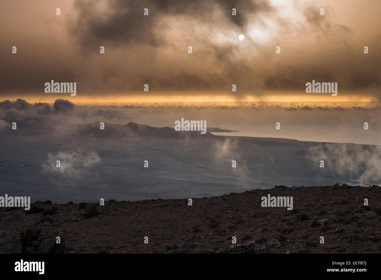 Misty evening on top of the Famara Cliff at Las Nieves, Lanzarote Stock ...