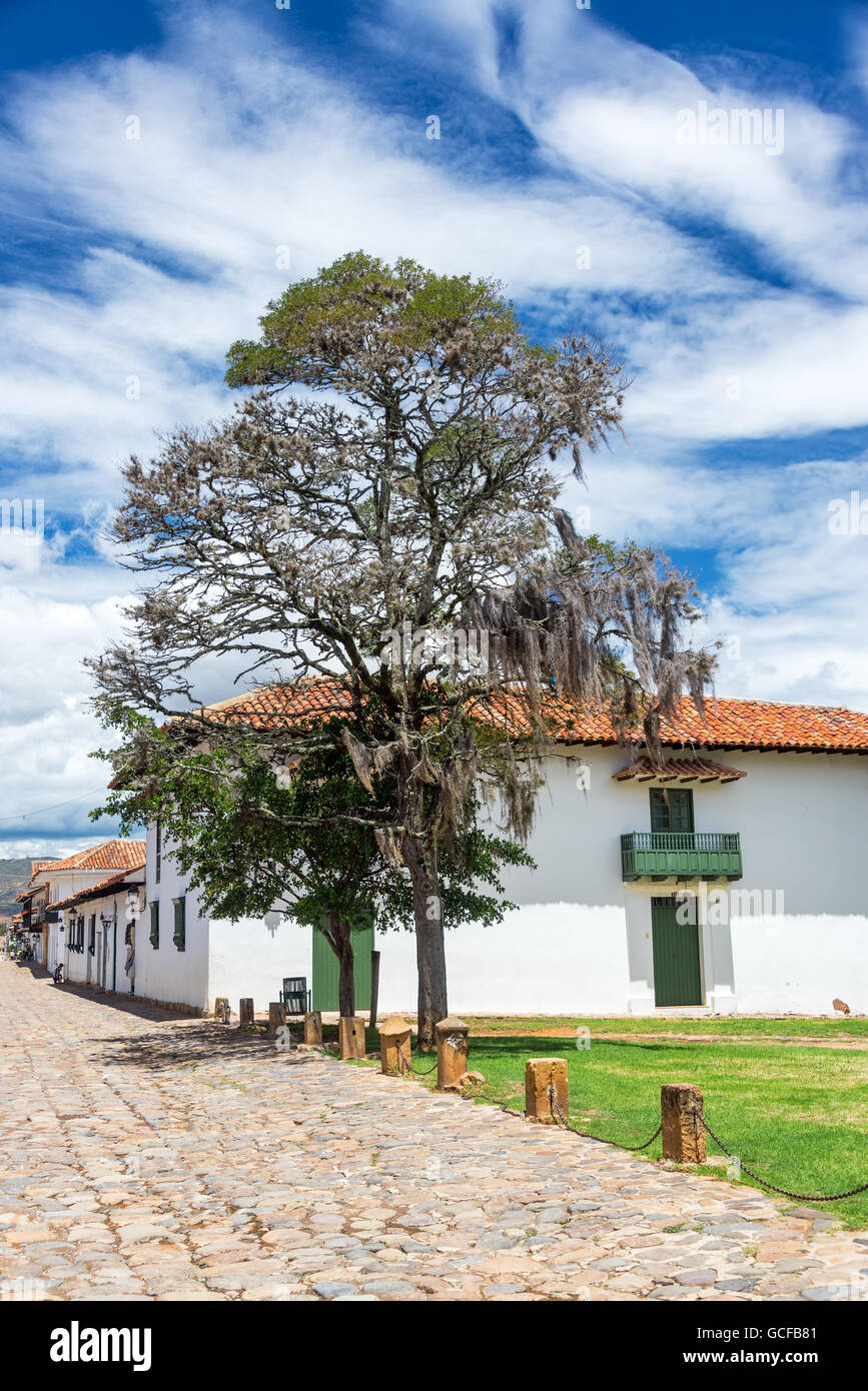 View of a cobblestone street and beautiful colonial architecture in the ...