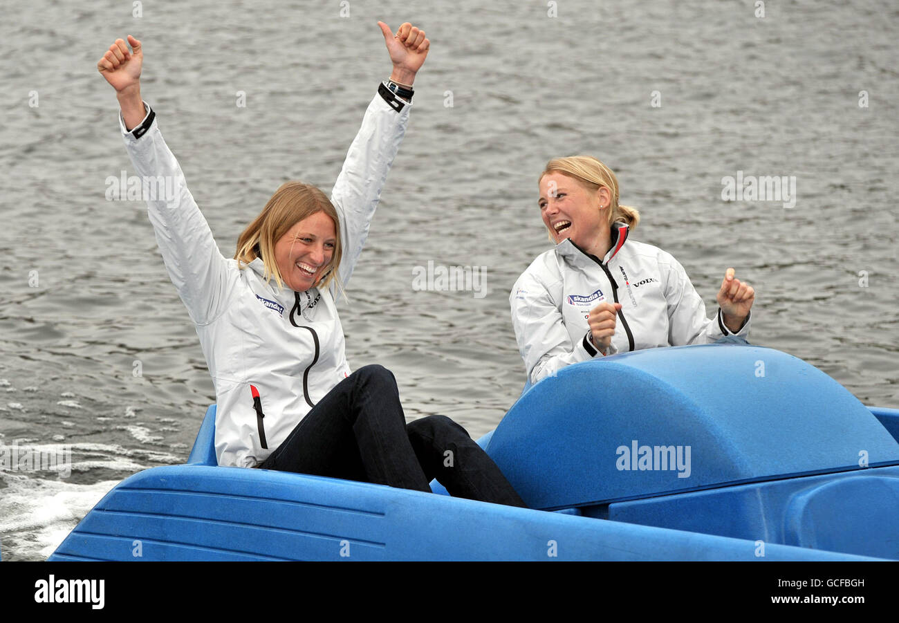 Saskia Clark (left) and Sarah Ayton in a pedalo on the Serpentine Lake ...