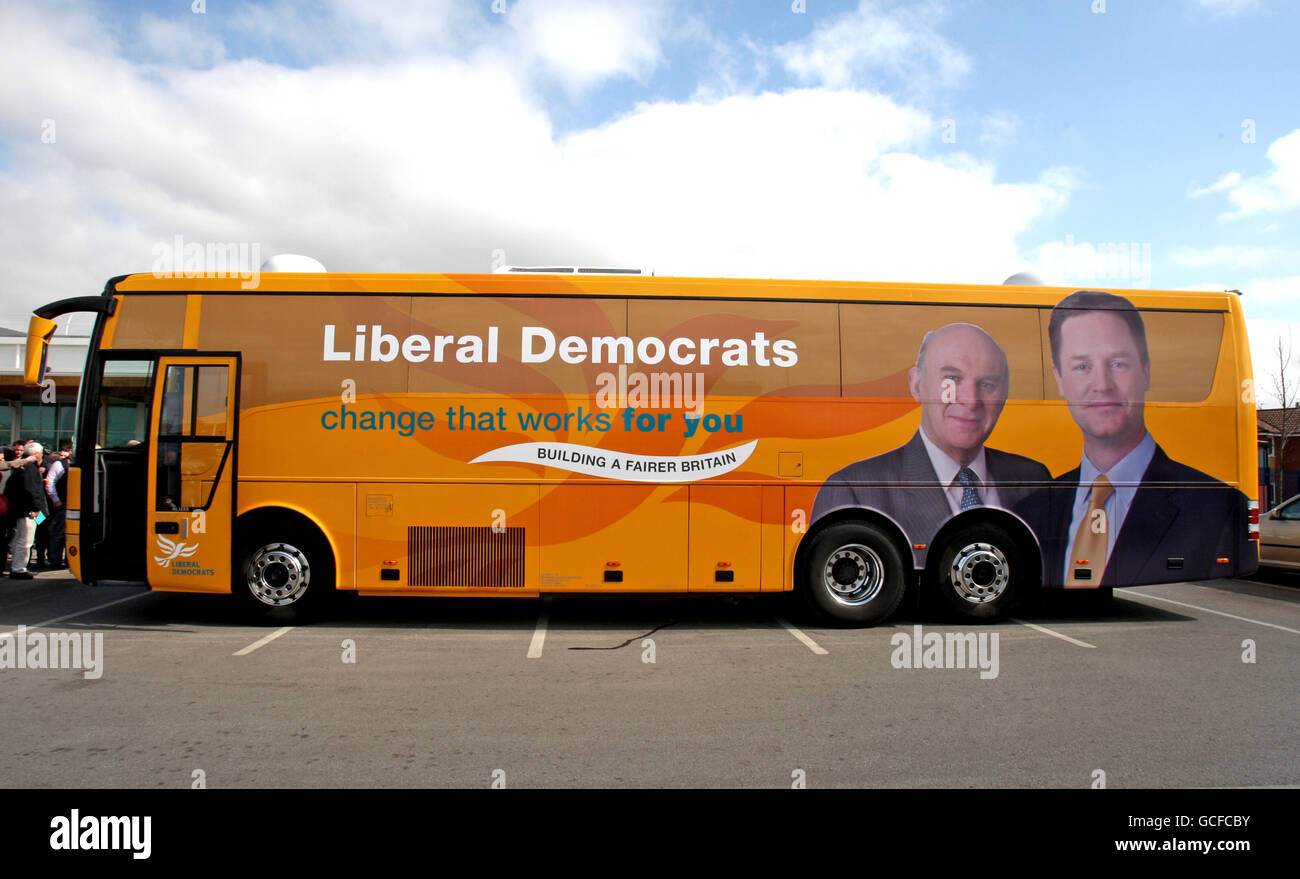 The Liberal Democrat Party battle bus at Manchester Airport, Manchester ...