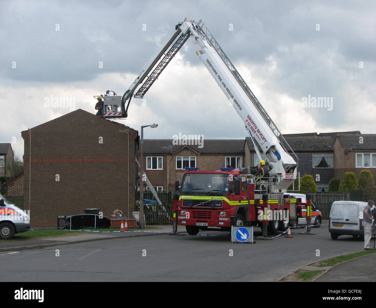 Emergency services use an Aerial Ladder Platform (ALP) to inspect the ...