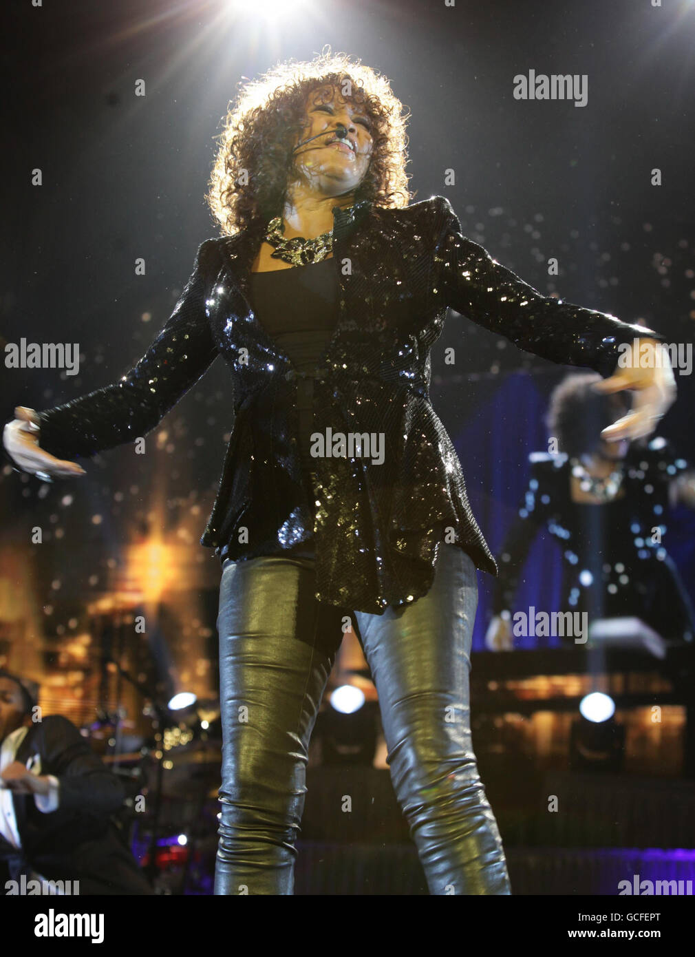Whitney Houston performing on stage at the O2 in Greenwich, London ...