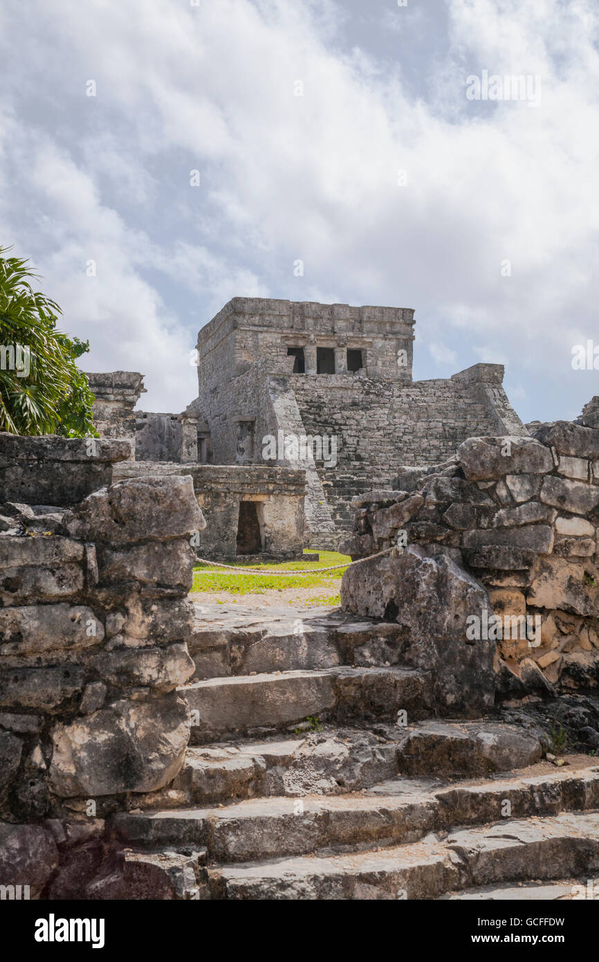 Ruins of a stone building and steps, Riviera Maya; Tulum, Quintana Roos ...