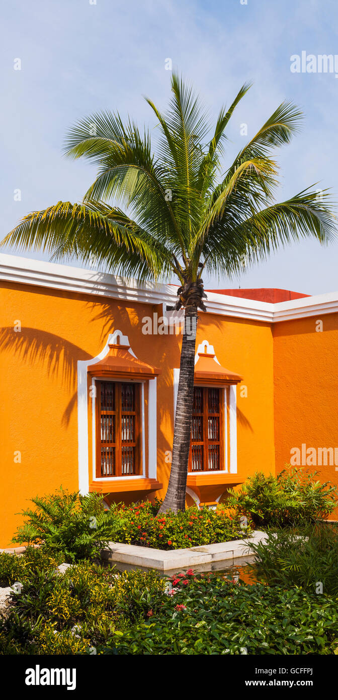 Bright orange house with a palm tree; Playa del Carman, Quintana Roo ...