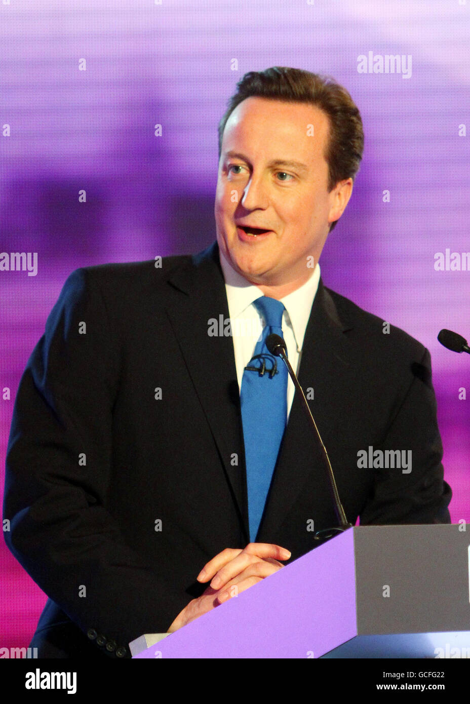 Conservative party leader David Cameron speaks during the third and ...